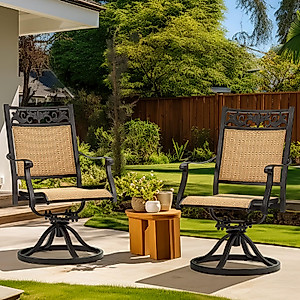 EROMMY Patio Swivel Chairs Set of 2, All-Weather Cast Aluminum Patio Sling Dining Chairs, Outdoor Swivel Rocker Chairs for Backyard, Garden, Deck, Porch, Balcony, Brown