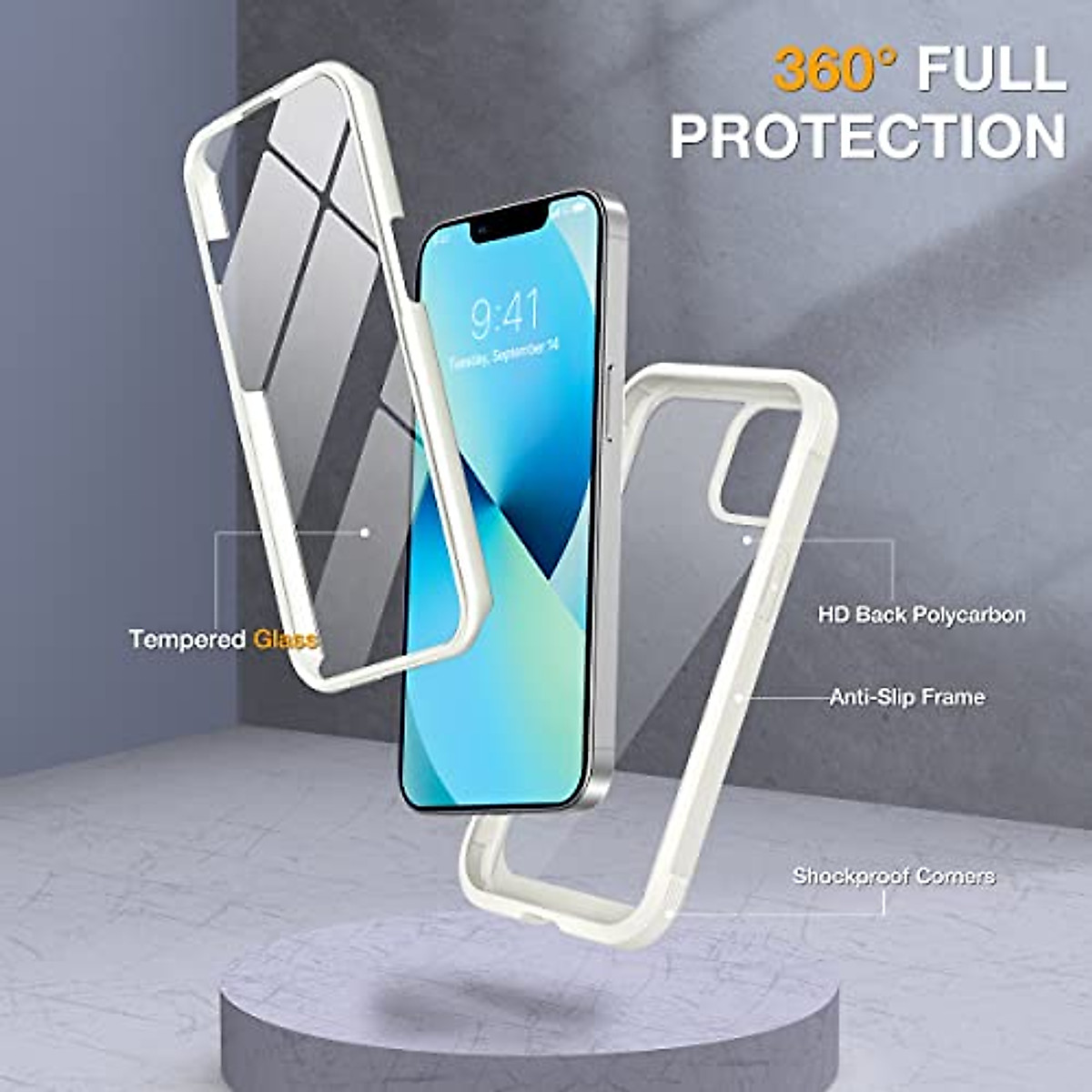 Miracase Glass iPhone 13 Case 6.1 inch, 2023 Upgrade Full-Body Clear Bumper Case with Built-in 9H Tempered Glass Screen Protector for iPhone 13,Rice White