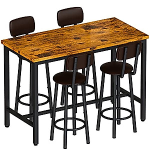 AWQM Bar Table and Chairs Set Industrial Counter Height Pub Table with 4 Chairs Bar Table Set 5 Pieces Dining Table Set Home Kitchen Breakfast Table, PU Upholstered Stools with Backrest, Rustic Brown