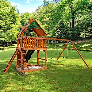 Gorilla Playsets 01-0003-AP Chateau Swing Set with Wood Roof, Wave Slide, and Rock Wall, Amber