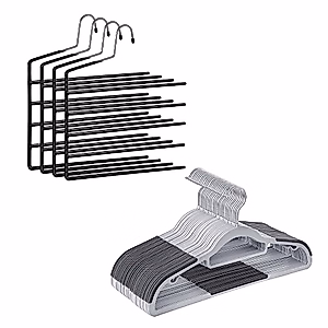 SONGMICS 30-Pack Hangers and Set of 4 Pants Hangers Bundle, Non-Slip Hangers for Closet Organization, 5-Tier Hangers, Open-Ended, for Shirts, Suits, Light and Dark Gray, Black UCRP20G30 and UCRI034B02