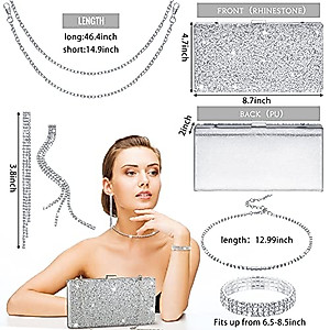 Kigeli 4 Pieces Women Rhinestone Evening Clutch Bag Rhinestone Ear Clip Bridal Wedding Choker Bracelet Dangle Bling Glitter Purse (Silver)