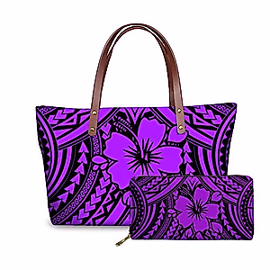 GIFTPUZZ Polynesian Women Handbags and Purses Ladies Shoulder Bag Large for Outdoor Party Satchel Tote with Long Wallet PU Leather Zip Pocket Cards Slots Spear Heads Design Tribal Hibiscus Purple
