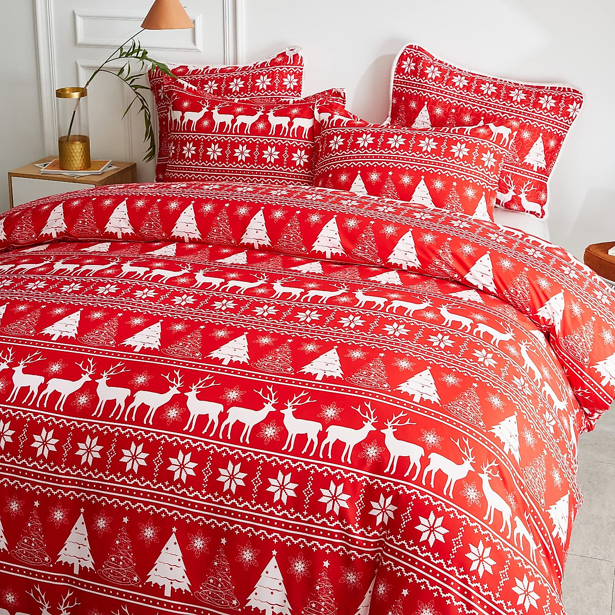 Flysheep Christmas Comforter Set 3 Pieces Twin Size 68x88 inches, Red White Snowflake and Deers Trees Reversible Design, Soft Microfiber Lightweight Bedding Sets for Kids