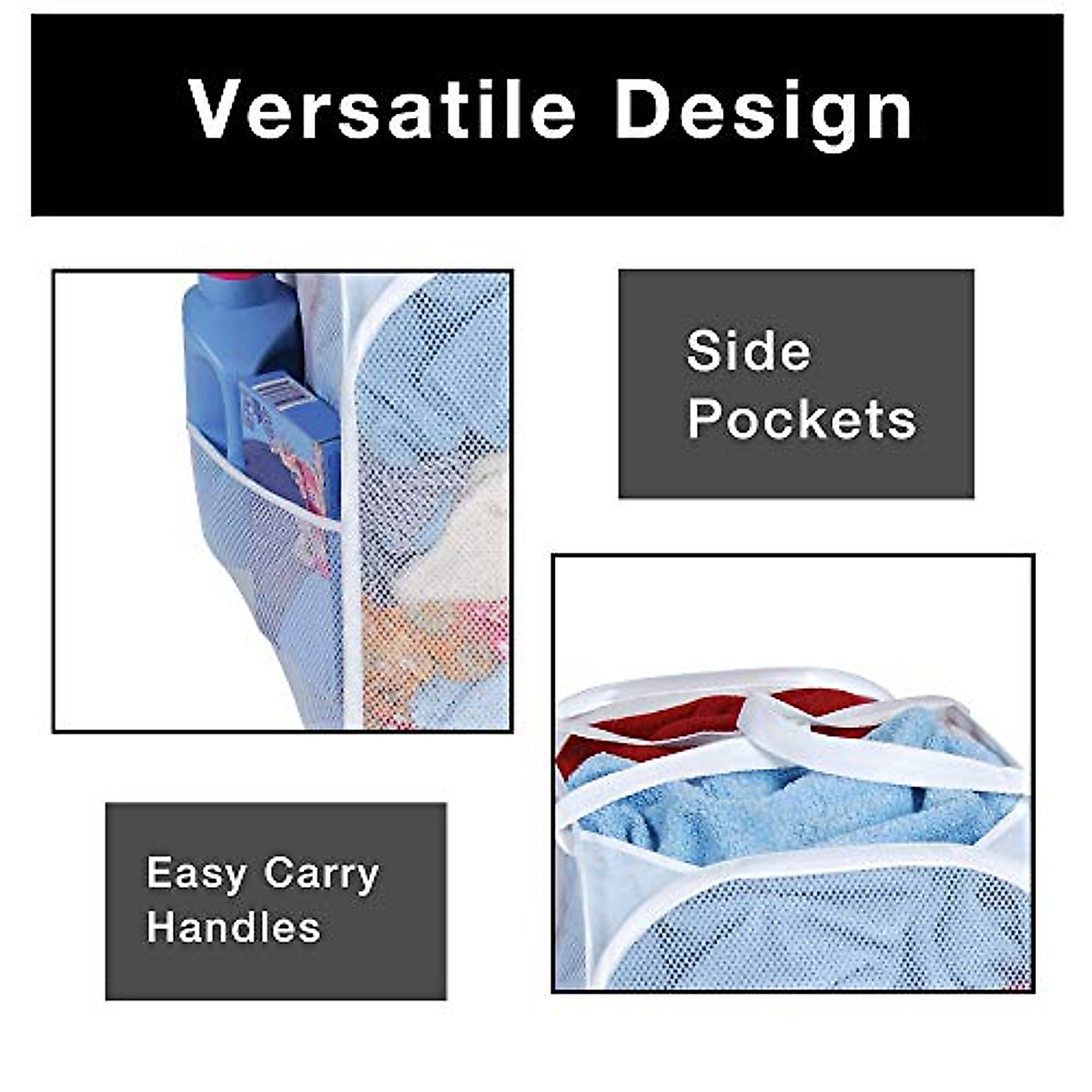 Smart Design Pop Up Laundry Hamper with Easy Carry Handles and Side Pocket - Durable Mesh Fabric - Collapsible Design - Clothes and Laundry - Home Organization - Holds 2 Loads - 13 x 21 Inch - White