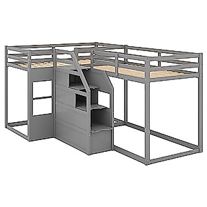 Harper & Bright Designs L Shaped Bunk Bed for 4, Wood Quad Bunk Bed with Stairs, for Kids Teens Adults (Gray)
