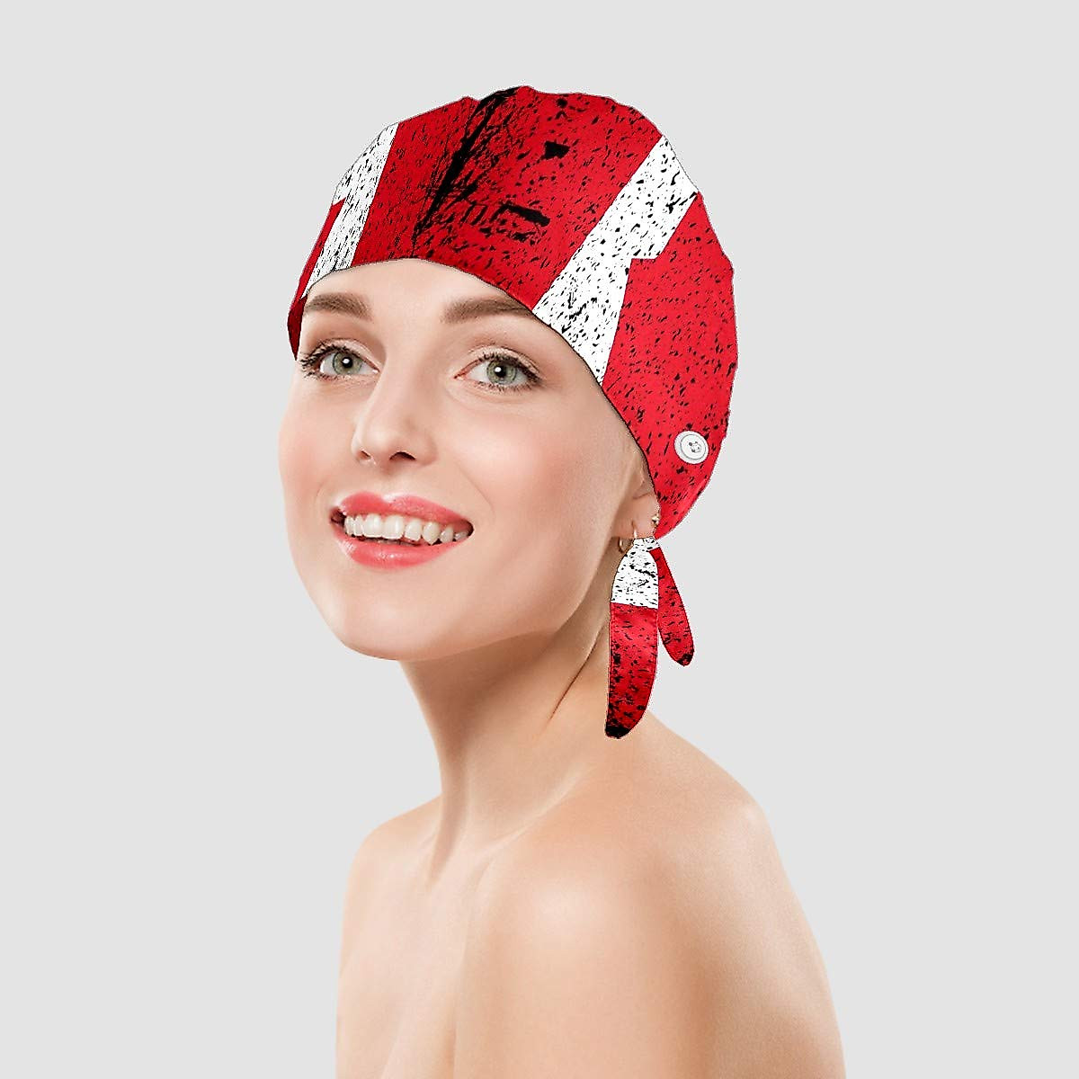 Women's Working Cap with Button and Sweatband, Head Covers Adjustable Tie Back Hat Headwraps Reusable Caps 3D Printed for Men Canada Grunge Flag Maple Leaf Red White Black