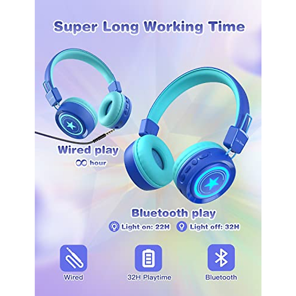 Link Dream Kids Bluetooth Headphones with Microphone for School On-Ear Headphone Toddler Children Wireless Headphone Headset with LED Lights Compatible with Cellphone/Computer/Tablet/iPad (Blue)