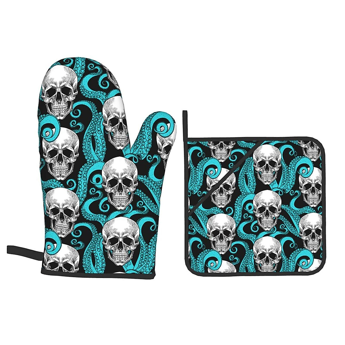 Skull Oven Mitts and Pot Holders 4pcs Sets，Funny Kitchen High Heat Resistant Oven Mitts，with Oven Gloves and Hot Pads Pot Holders for Baking Cooking BBQ Grilling