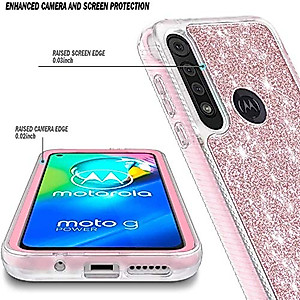 E-Began Moto G Fast Case with [Built-in Screen Protector], Full-Body Shockproof Protective Rugged Bumper Cover, Impact Resistant Case for Motorola Moto G Fast 2020 Release -Glitter Bling Rose Gold