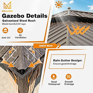 MELLCOM 14'x20' Galvanized Steel Hardtop Gazebo, Aluminum Frame Metal Outdoor Gazebo with Double Roof and Netting and Curtains for Patio Lawn Garden Brown