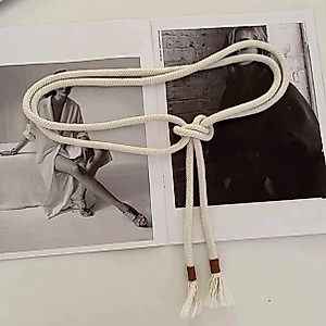 NONGFUGE Simple White Natural Cotton long Waist Rope Tie String Belt Medieval For Women Beach Dress Pants with Tassels Braided Woven