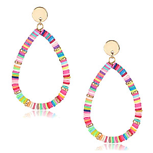 PHALIN Colorful Heishi Bead Dangle Drop Earrings for Women Multicolored Polymer Clay Beaded Hoop Dangle Earring Studs for Summer Beach Vacation (Teardrop)