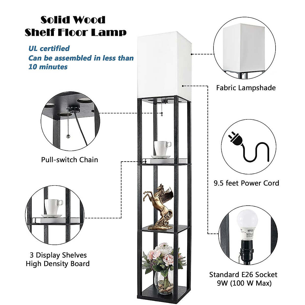 Wishwill Floor Lamp with Shelves, Modern Standing Shelf Lamp with 3 CCT LED Bulb and White Shade for Living Room Bedroom and Office-Black