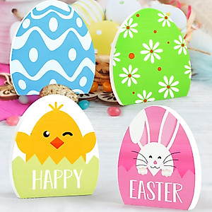Ryangic Wooden Easter Egg Decorations for The Home Easter Table Decor, 4PCS Cute Easter Egg Decor with Double sided painted Spring Decorations Easter Tiered Tray Decor for Party Favors Tabletop Indoor