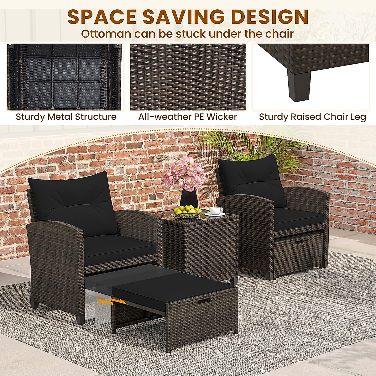 ORALNER 5 Pieces Patio Furniture Set with Ottoman, Wicker Conversation Set w/Cushions, Glass Coffee Table, Outdoor Rattan Lounger Chairs Bistro Set for Porch Balcony Garden Deck Poolside (Black)