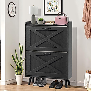 SUNCROWN Shoe Cabinet Storage with 2 Flip Drawers, Freestanding Shoe Organizer with Wooden Legs, Narrow Entryway Shoes Storage Cabinet, Shoe Rack Shelves,Black-Small