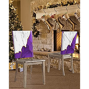 MUSEDAY Christmas Chair Covers Dining Chair Back Covers 6PCS, Marble Kitchen Chair Slipcovers Protective Covers for Xmas Wedding Hotel Holiday Party, Purple and Gray Modern Art Texture