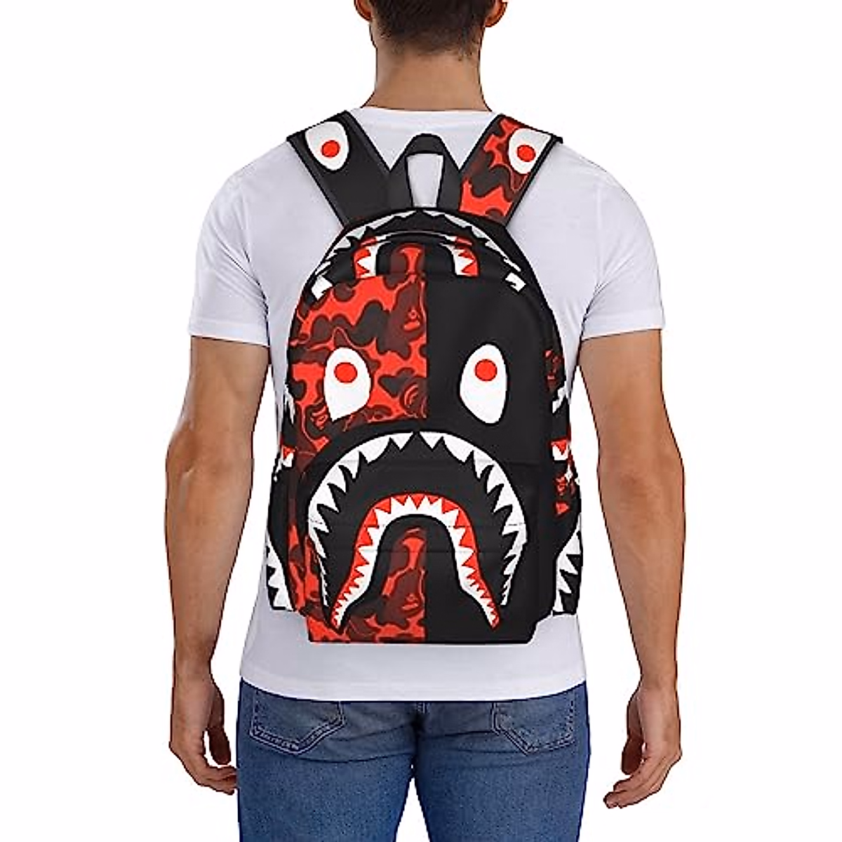 Red-Black Shark Printed Travel Laptop Backpack For Women,Print Mini Casual Daypack Waterproof Computer Bags With Ergonomic