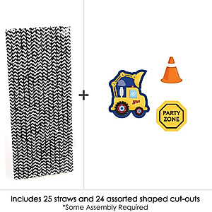 Construction Truck Paper Straw Decor - Baby Shower or Birthday Party Striped Decorative Straws - Set of 24