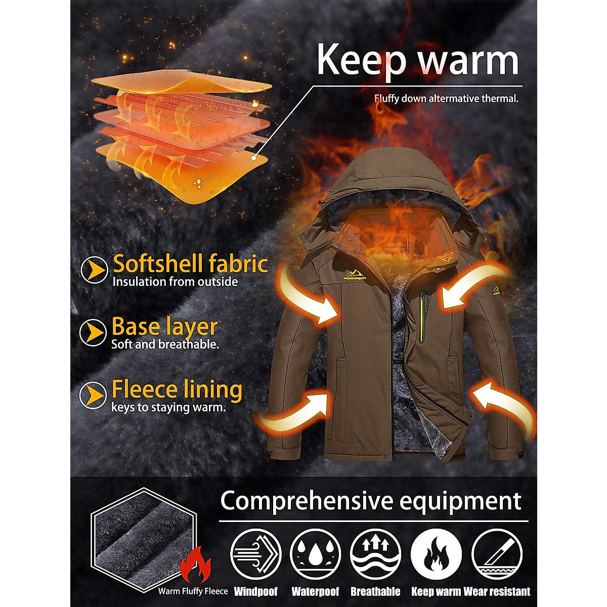 TACVASEN Winter Coats for Men Fleece Jacket Men Ski Jacket Windproof Snowboard Jacket Men Warm Softshell Jacket Brown 2XL