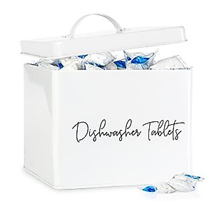 Ilyapa Dishwasher Pod Tablet Holder - Galvanized White Powder Coated Farmhouse Kitchen Storage Container, Dishwasher Pod Storage Container, Durable Laundry Detergent Containers for Farmhouse