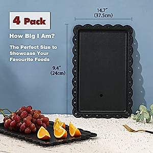 Plastic Serving Trays Food Tray - 14" x 9" Black Rectangle Serving Platter for Party | Cafeteria | Kitchen | Restaurant - Set of 4 Small Flat Trays for Dessert | Fruit | Cookie | Snack | Appetizer