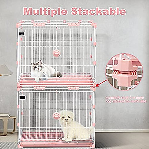 VARLNALY 30 Inches Basic Cat Dog Crate, Medium Dog Kennel with Double Door and Drawer Leak-Proof Tray, Sturdy Carbon Steel Pet Cage for Medium Dogs Cats Rabbit, Pink