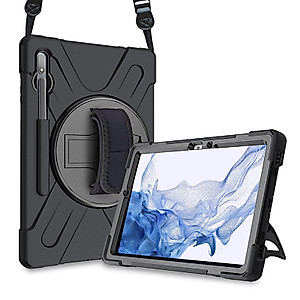 ProCase Galaxy Tab S8 Plus 2022 / S7 Plus 12.4” 2020 Case with S Pen Holder (Model SM-X800/X806/T970/T975), Rugged Heavy Duty Shockproof Case with Hand Strap Rotating Kickstand Protective Cover–Black
