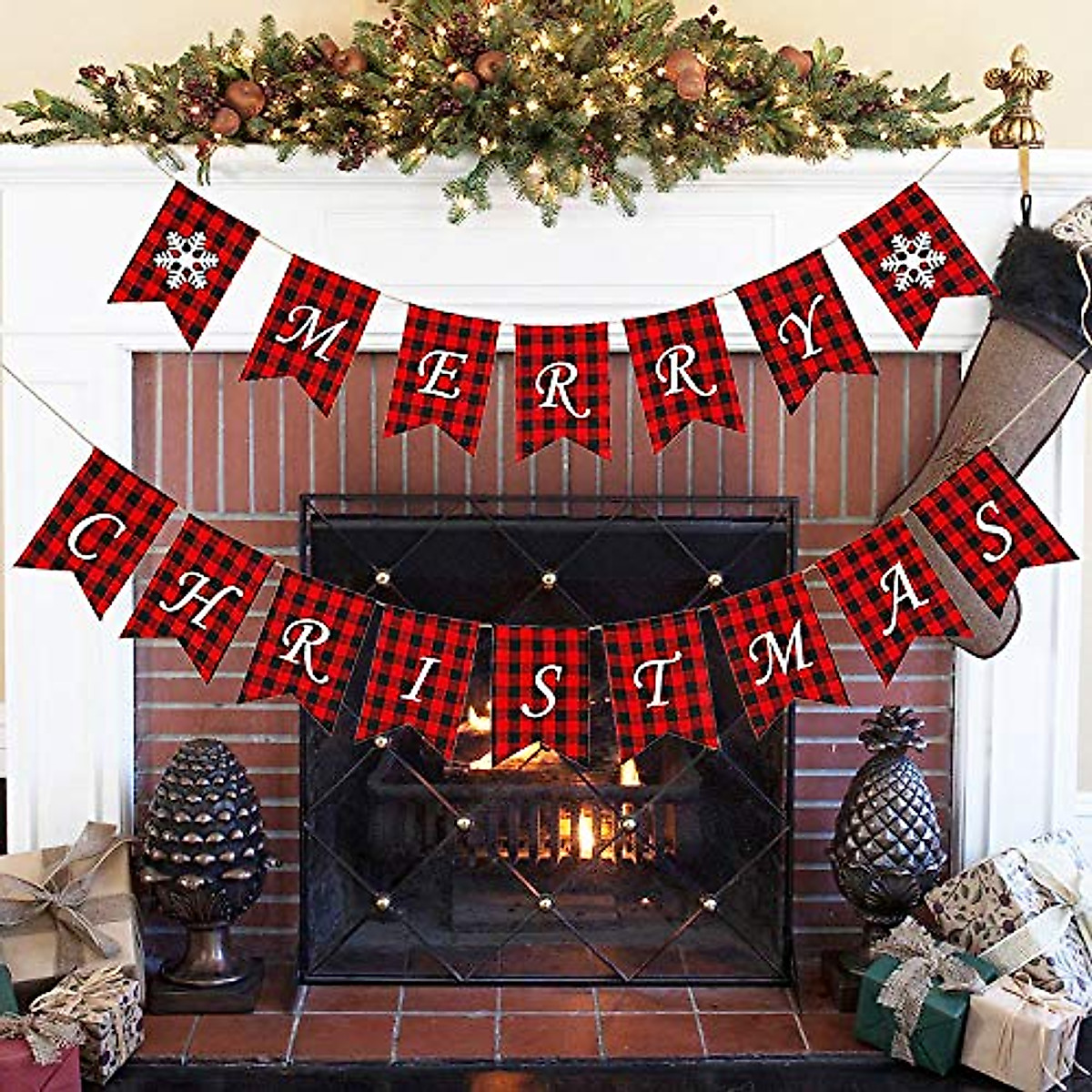 Jolik Merry Christmas Banner with Two Snowflake Flags - Buffalo Plaid Banner Decoration for Fireplace Wall Tree Christmas Decoration