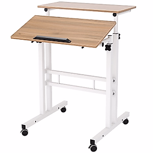 DlandHome Mobile Standing Desk Stand Up Desk Rolling Desk, Stand Sit Desk Mobile Computer Desk Adjustable Standing Desk 23.6inches Table Workstation Mobile Desk Cart Tray Oak