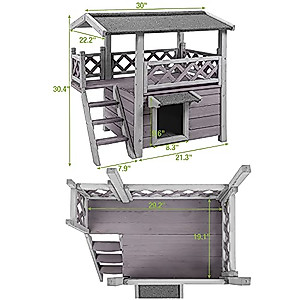 Cat House with Door for Feral Cats, Rainproof Outside Kitty House, 2 Story Wooden Kitten Condo with Stairs (AIR09-BS)