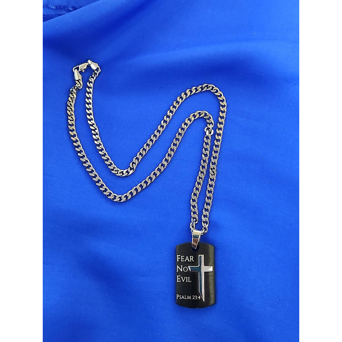 Spirit & Truth Fear No Evil Guardian Shield Cross Stainless Steel Necklace with High Polished Angle Cross Embedded into the Padlock Pendant on Curb Chain Psalm 23:4 (20)
