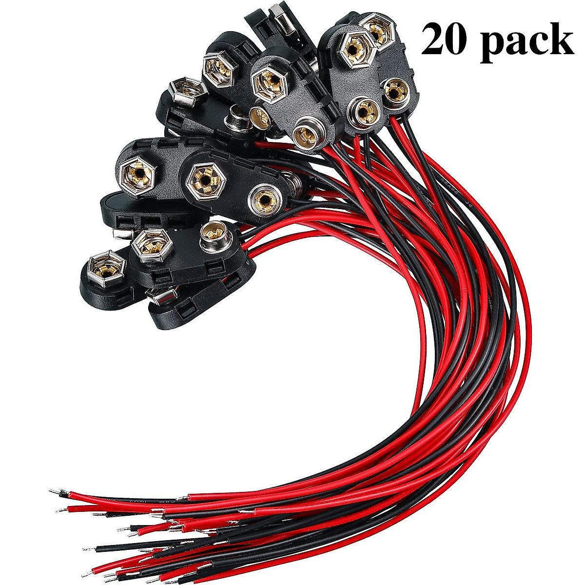 BBTO 20 Pack 9 V Battery Clip Connector Long Cable Connection Hard Shell Black Red Connector (I Type)