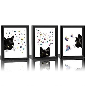 KAIRNE Framed Black Cat Black Cat with Butterfly Art Print，Set of 3 Watercolor Kitty Poster，Ready to Hang Kitten Animal Canvas Wall Art for Living Room,Bedroom Decor,8X10inch