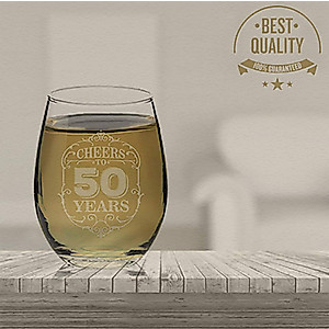 Veracco Cheers To 50 Years 50th Birthday Gift For Him Her Fifty and Fabulous Stemless Wine Glass (Clear, Glass)