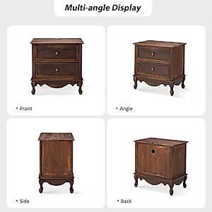 HULALA HOME Wood Nightstand with Charging Station Space, Bedside Table 2 Drawer Dresser with Drawer and Wooden Legs, French Storage End Table for Bedroom Living Room，Walnut