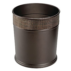 mDesign Decorative Round Small Trash Can Wastebasket, Garbage Container Bin for Bathrooms, Powder Rooms, Kitchens, Home Offices - Steel in Bronze Finish with Woven Textured Accent