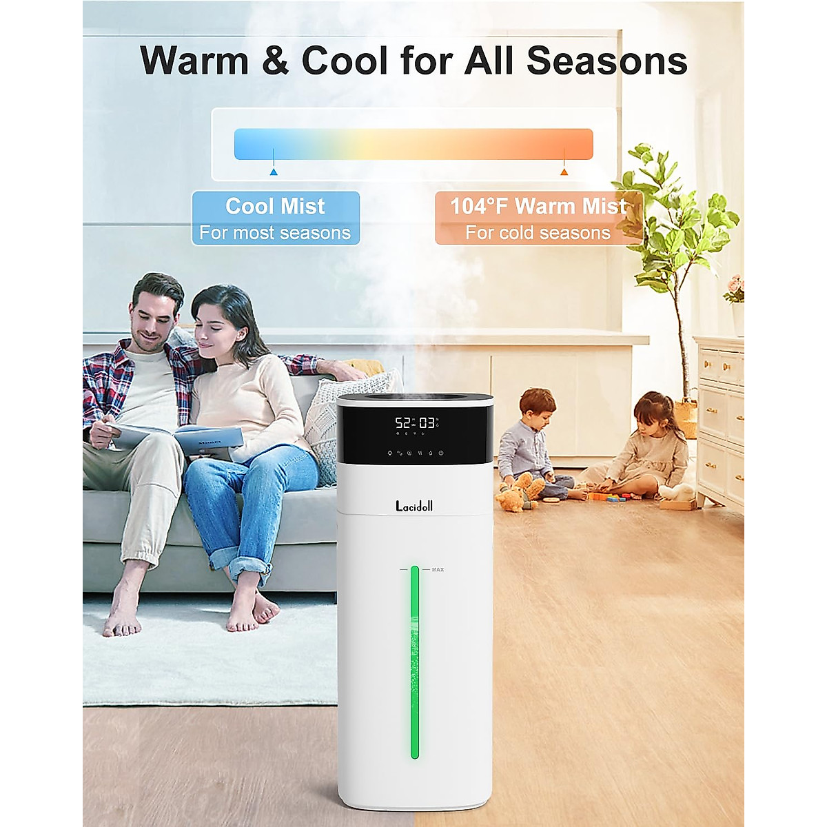 LACIDOLL Humidifier Large Room, 5.3Gal/20L Cool and Warm Mist Humidifiers for Home 3000 sq ft, Whole House Humidifiers with Diffuser&Extended Tube, Top Fill Humidifiers for Bedroom Baby Nursery Plants