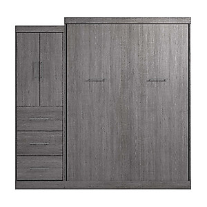 Bestar Nebula Queen Murphy Bed with Wardrobe (90W) in Bark Gray, Sleeping Arrangement and Closet Organizer for Multipurpose Room