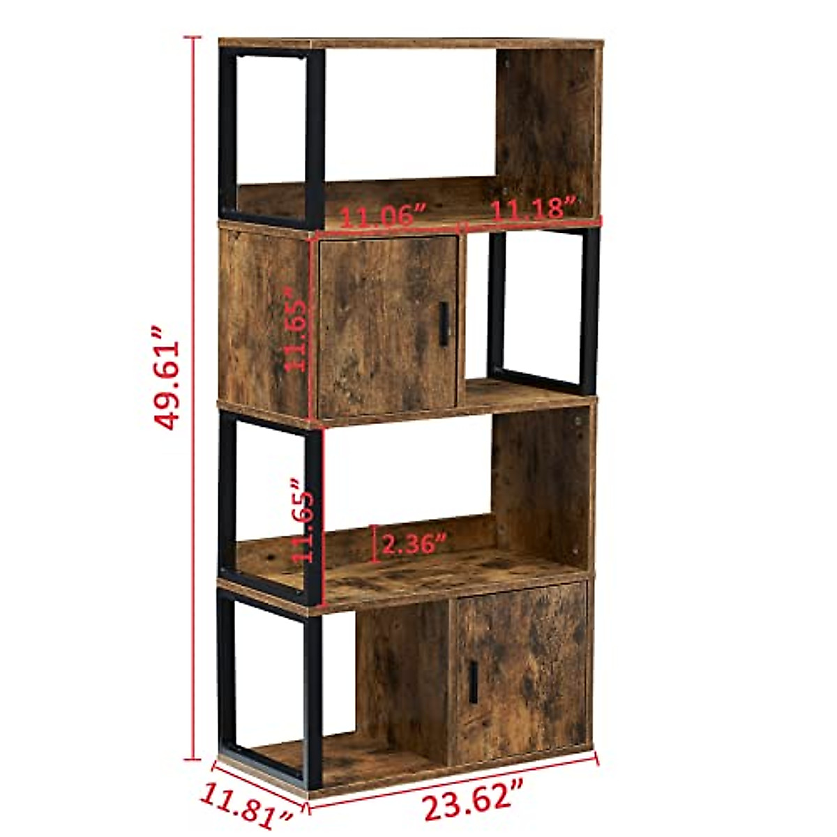 UnaFurni Bookshelf, 5 Tier Narrow Bookshelf with Storage Cabinet, Rustic Wood Bookcases and Book Shelves 5 Shelf for Living Room/Home Office, Rustic Brown