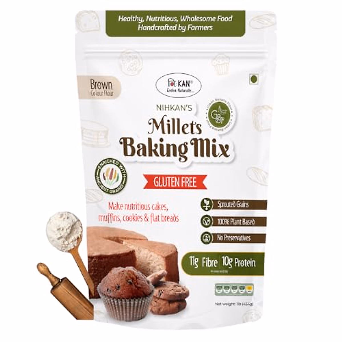 NIHKAN Gluten free Sprouted Millets Baking Mix Flour- 454g (16 Ounces) | Self Raising Flour for Multipurpose Baking needs of cakes, muffins, cookies and pizza | High protein & High Fibre
