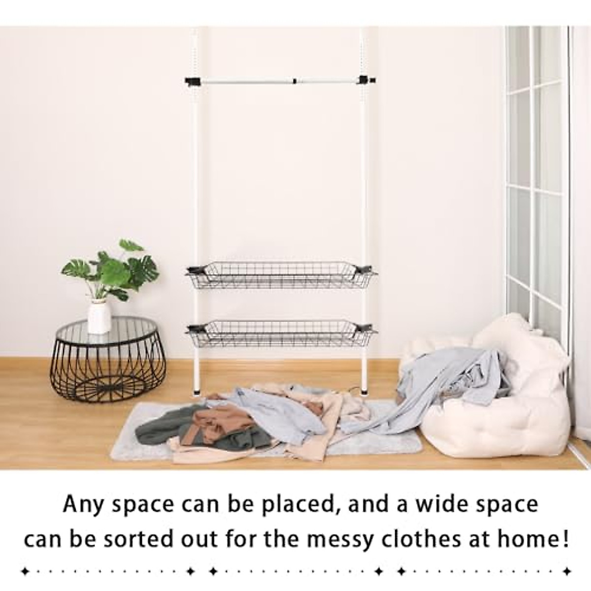 Hershii Adjustable Clothes Hanging Rail Heavy Duty Indoor Garment Rack Shelf Tidy Poles Floor to Ceiling Telescopic Closet Wardrobe Organizer Height 110-310cm, White, with Storage Basket