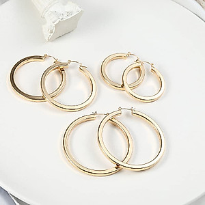 3 Pairs Big Gold Hoop Earrings Set for Women 14K Gold Plated, Hypoallergenic Stainless Steel Post Chunky Twisted Hoops Earring for Women Girls. (3 Gold Square Hoop)