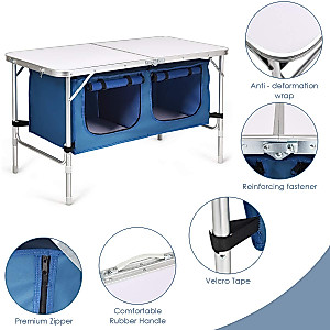 Goplus Folding Camping Table with Storage, Aluminum Outdoor Camp Table with 2-Level Adjustable Height, Lightweight Portable Foldable Picnic Table for Tailgating Beach BBQ Party RV