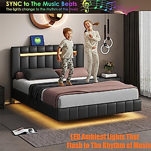 Queen Size Floating Bed Frame,with LED Atmosphere Lights ＆ USB Charging,Modern Upholstered PU Platform LED Bed Frame,Adjustable Headboard Smart Thick Bed, Noiseless No Box Spring Needed (Black)