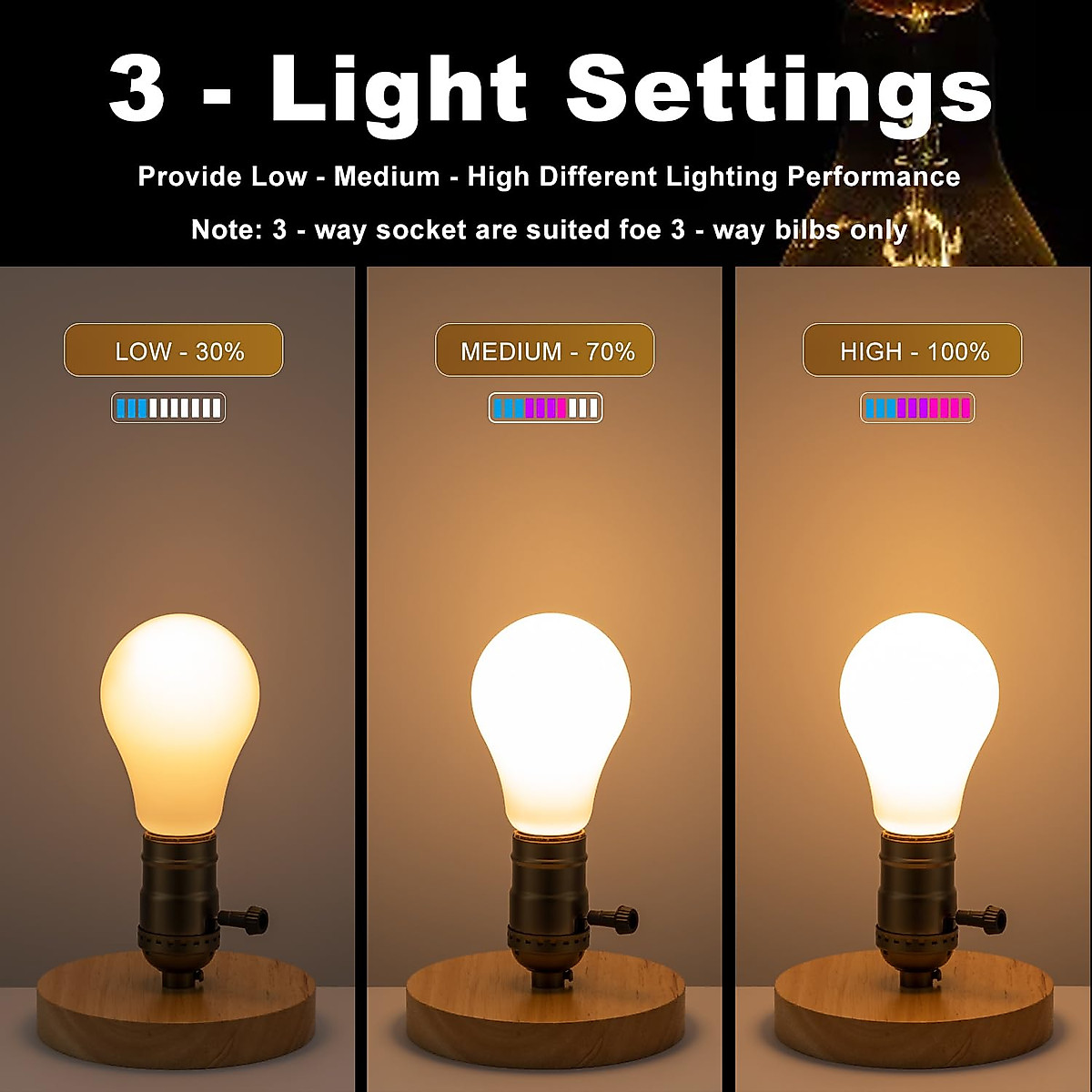 3 Way Lamp Socket Replacement, E26 Threaded Base, Turn Knob for Low-Medium-High Light Settings, Lamp Parts for Table and Floor Lamps Repair, Light Socket with Lamp Switch Kit (Antique Brass)