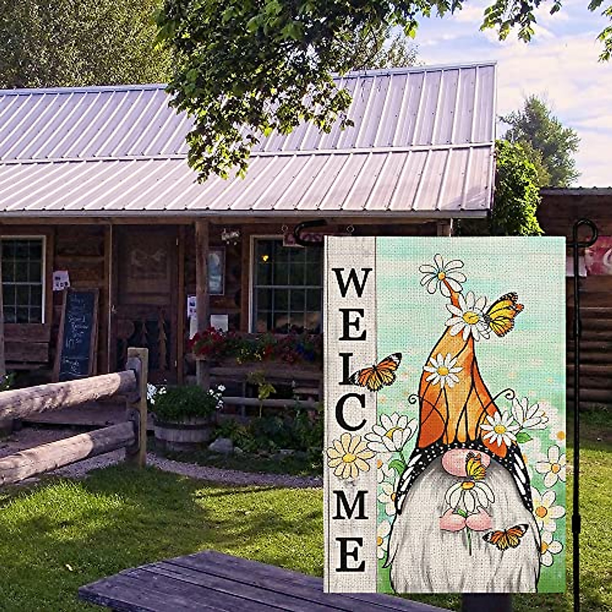 CROWNED BEAUTY Spring Summer Garden Flag Gnome Floral Butterfly Daisy Welcome 12×18 Inch Double Sided Outside Vertical Yard Flag