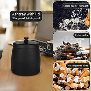 Outdoor Ashtrays for Patio with Lid, Outdoor Ash Tray Sets for Cigarettes Outdoor, Stainless Steel Windproof Ashtrays Large Covered Outside Odorless Iron Metal Indoor Tabletop, Black, Medium
