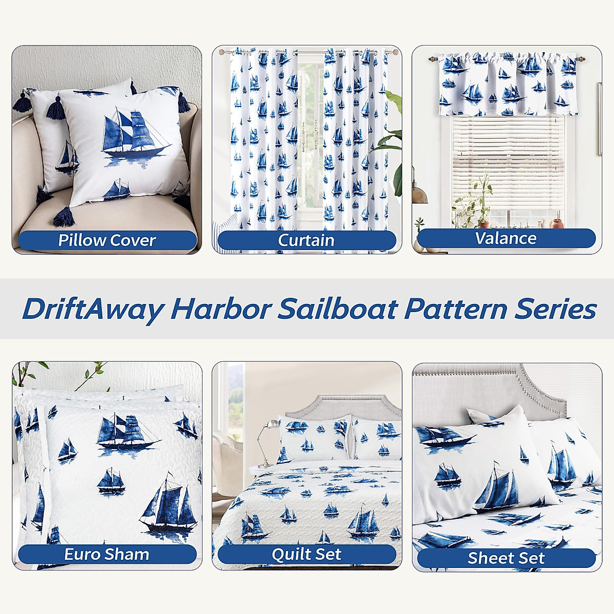 DriftAway Harbor Sailboat Ocean Print Blackout Thermal Insulated Window Curtain Valance Rod Pocket 52 Inch by 18 Inch Plus 2 Inch Header Navy
